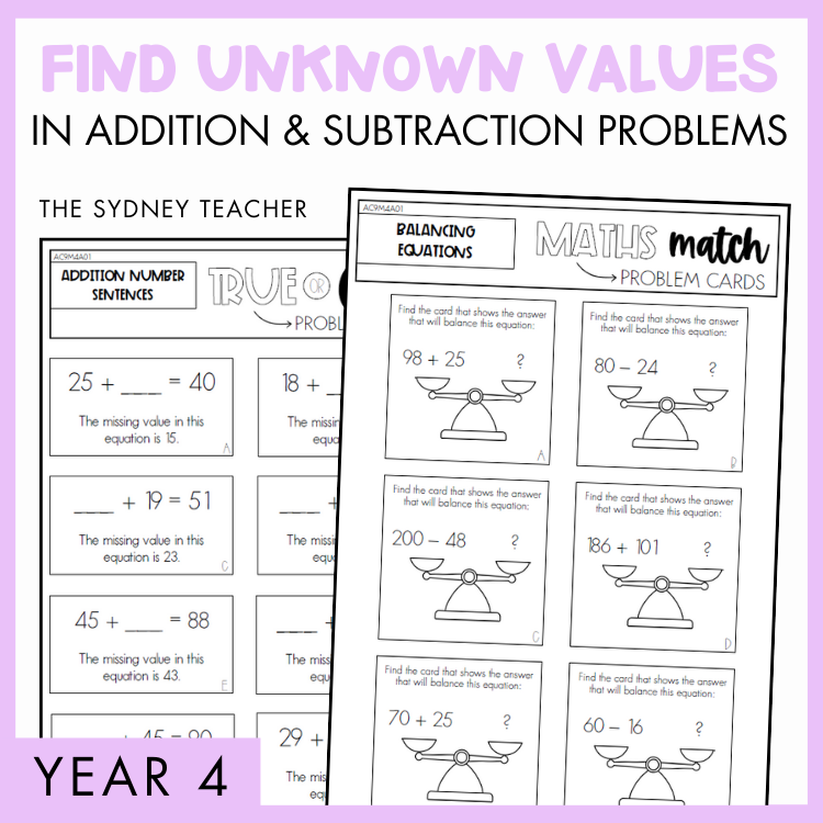 Year 4 Number & Algebra Pack: Find Unknown Values in Addition ...