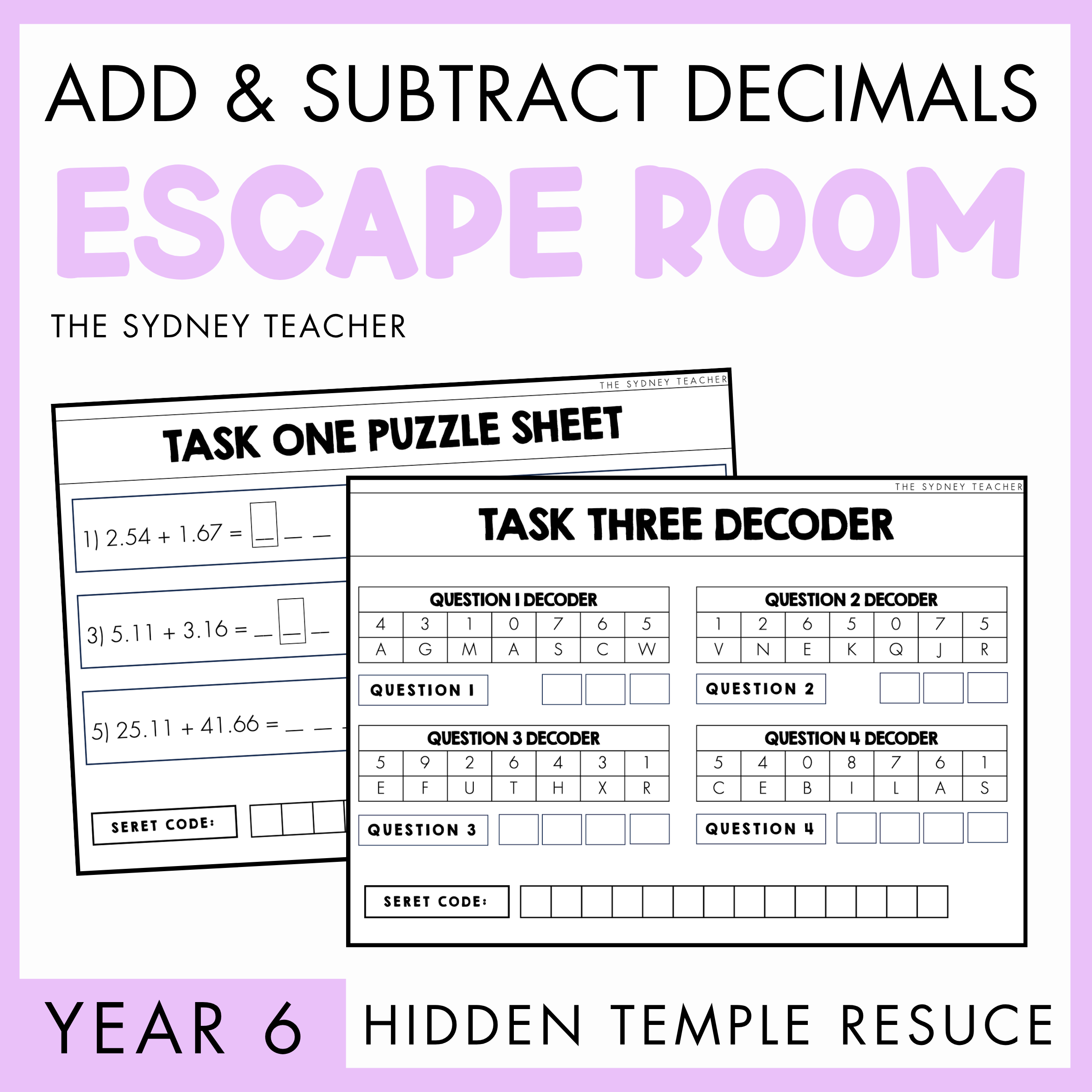 Add & Subtract Decimals Escape Room (AC9M6N04) ⭐️ The Sydney Teacher