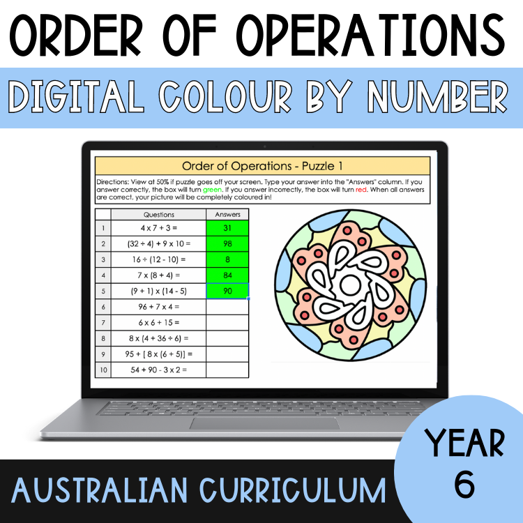 Order of Operations - Digital Colour by Number ⭐️ The Sydney Teacher