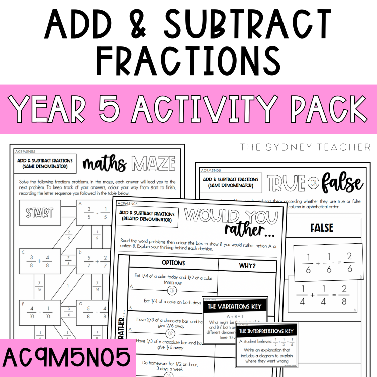 Year 5 Number & Algebra Pack: Add and Subtract Fractions (AC9M5N05) ⭐️ ...