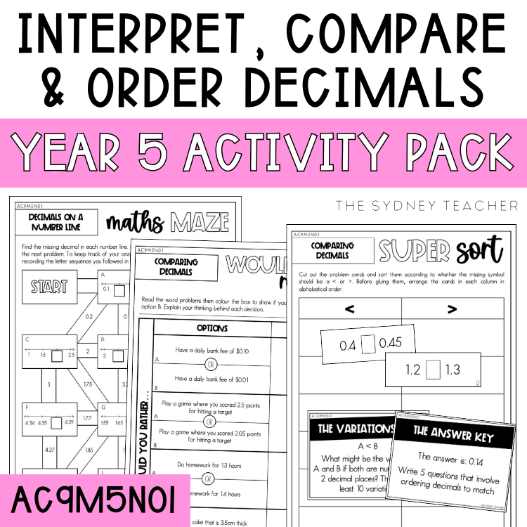 Year 5 Number & Algebra Pack: Interpret, Compare and Order Decimals ...