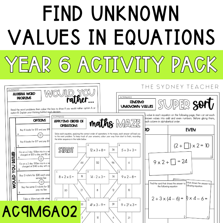 Year 6 Number & Algebra: Find Unknown Quantities in Equations (AC9M6A02 ...
