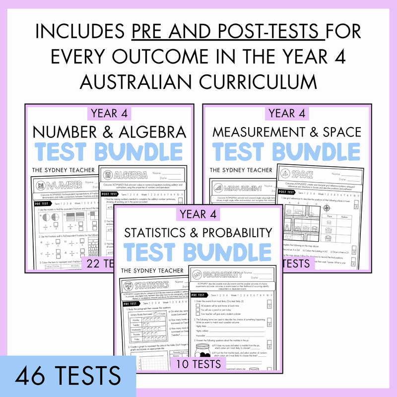 Year 4 Maths Printable Test Pack FULL YEAR - Australian Curriculum V9.0 ...
