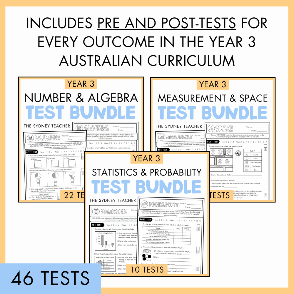 Year 3 Maths Printable Test Pack FULL YEAR - Australian Curriculum V9.0 ...