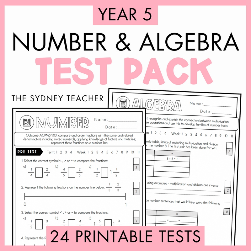 Year 5 Maths Printable Test Pack FULL YEAR - Australian Curriculum V9.0 ...