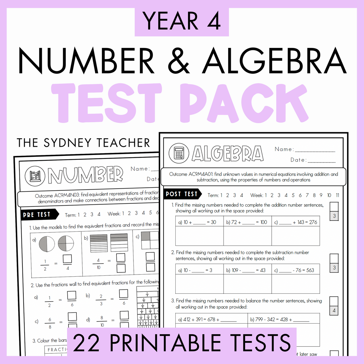 Year 4 Maths Printable Test Pack FULL YEAR - Australian Curriculum V9.0 ...