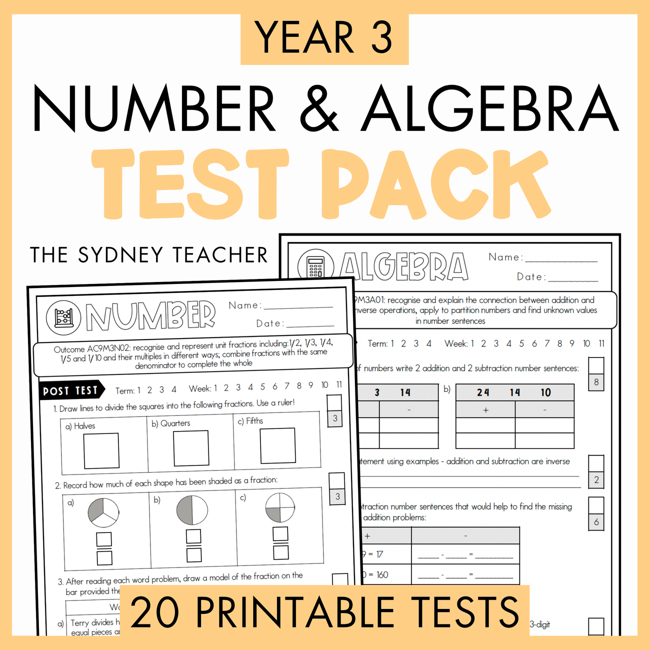 Year 3 Maths Printable Test Pack FULL YEAR - Australian Curriculum V9.0 ...