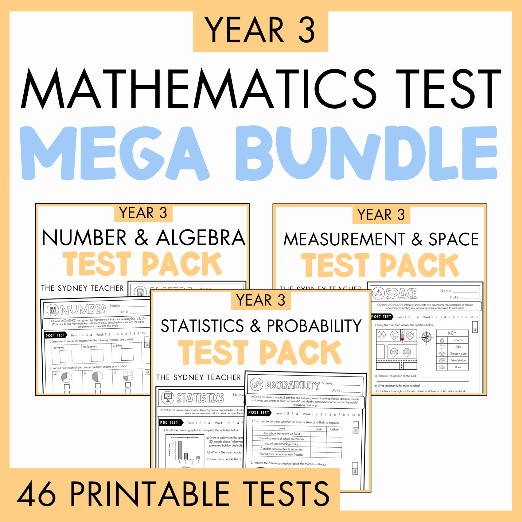 Year 3 Maths Printable Test Pack FULL YEAR - Australian Curriculum V9.0 ...