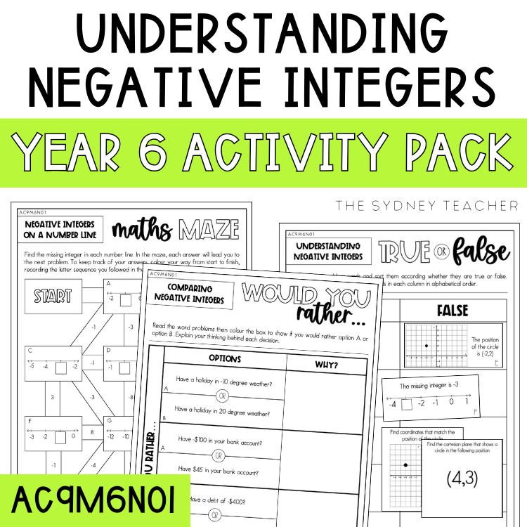 Year 6 Number & Algebra Pack: Understanding Negative Integers (AC9M6N01 ...